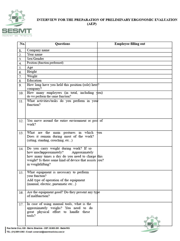 Checklist For Aep (Preliminary Ergonomic Assessment 2022) | PDF | Noise