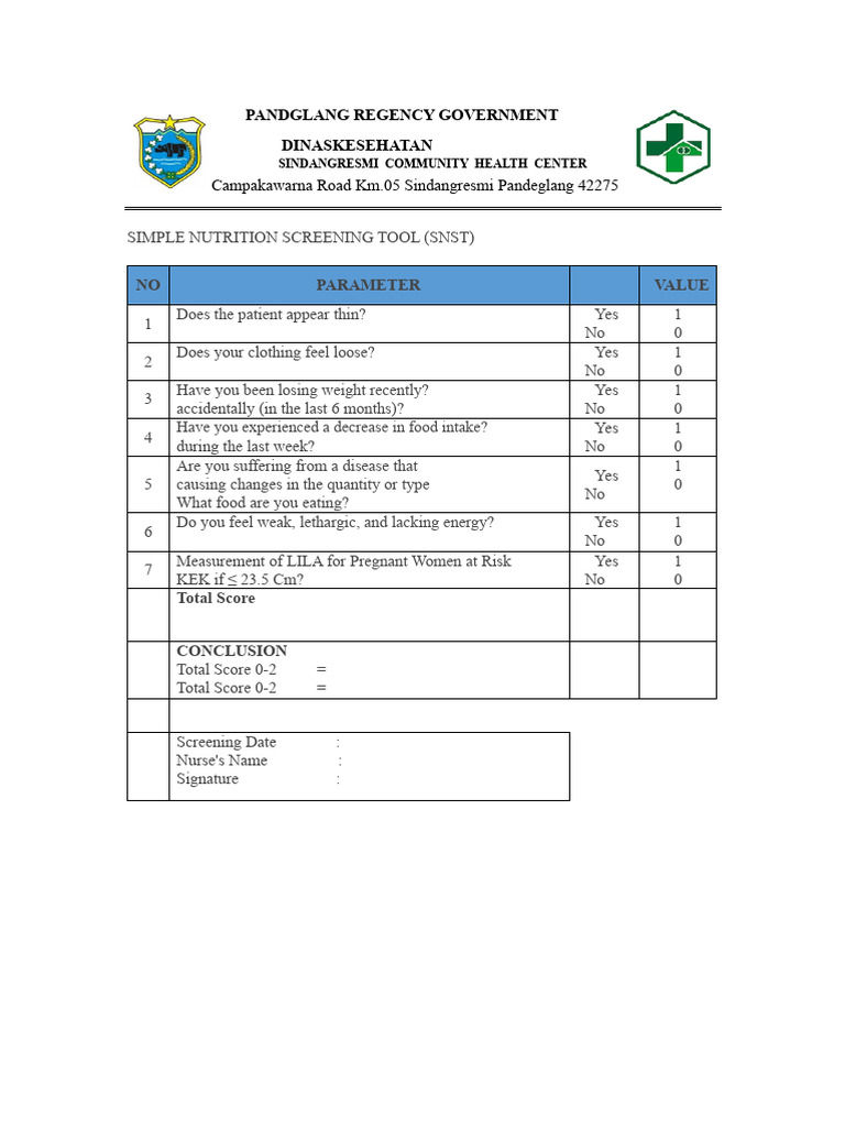 Simple Nutrition Screening Tool (SNST) Form | PDF