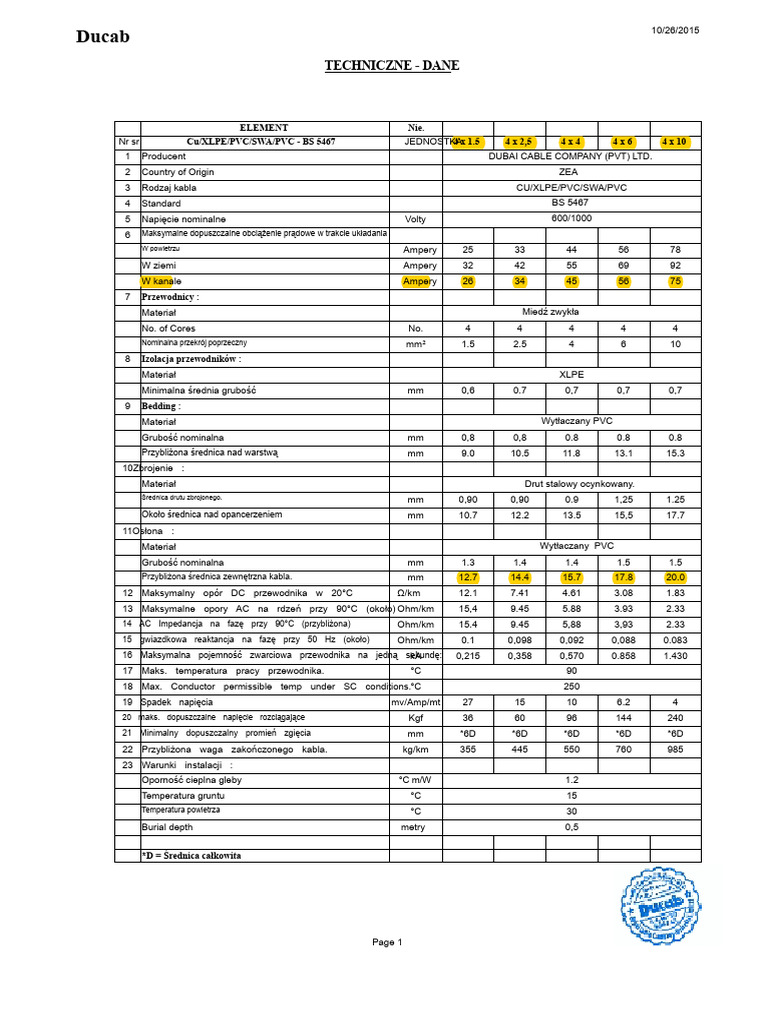 Karta Katalogowa Kabli Ducab - 3 I 4 Żyły | PDF