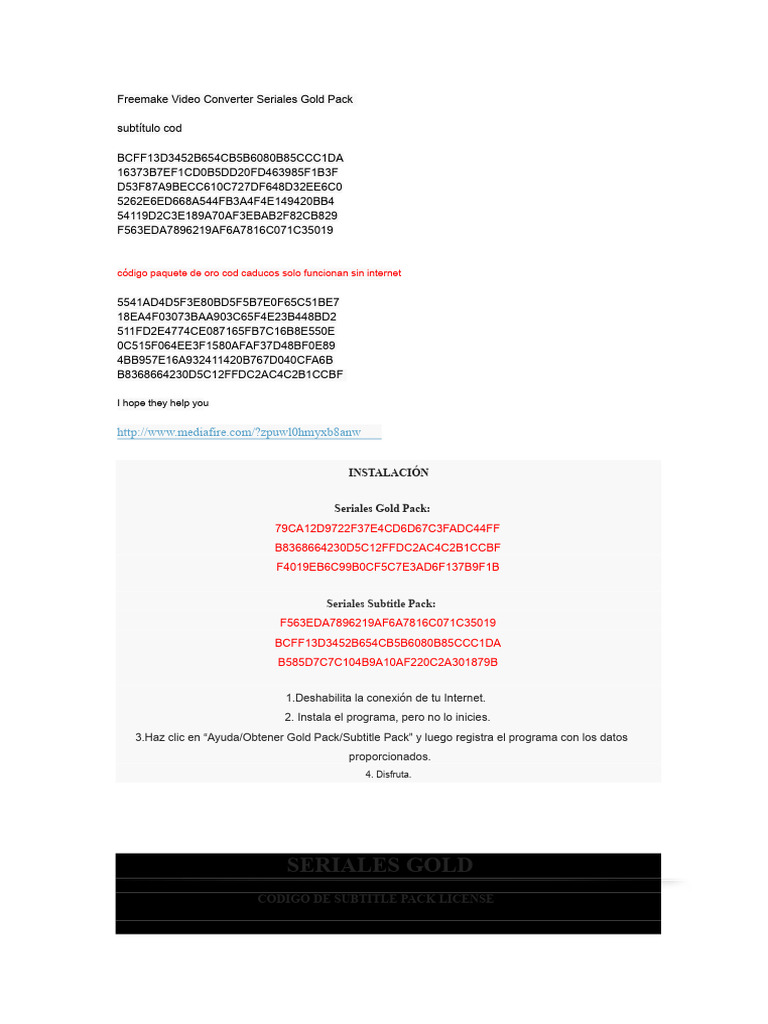 Paquete Gold de Seriales de Freemake Video Converter | PDF | Informática | Software