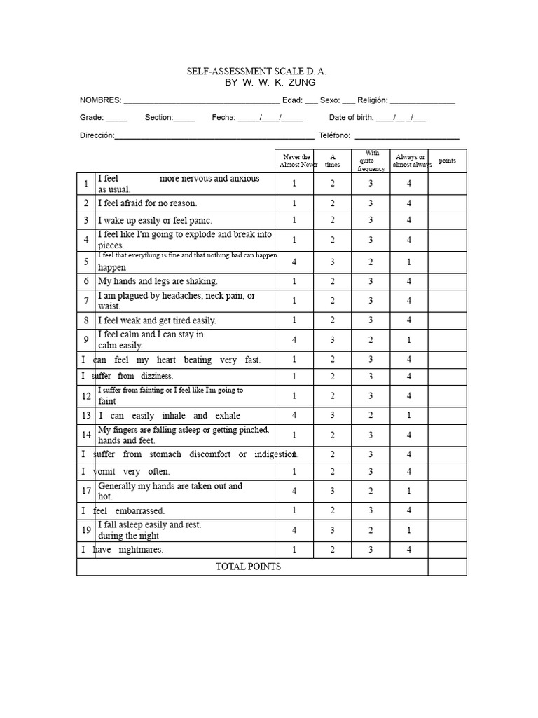 Zung Depression and Anxiety Scale Test | PDF | Anxiety | Diseases And ...
