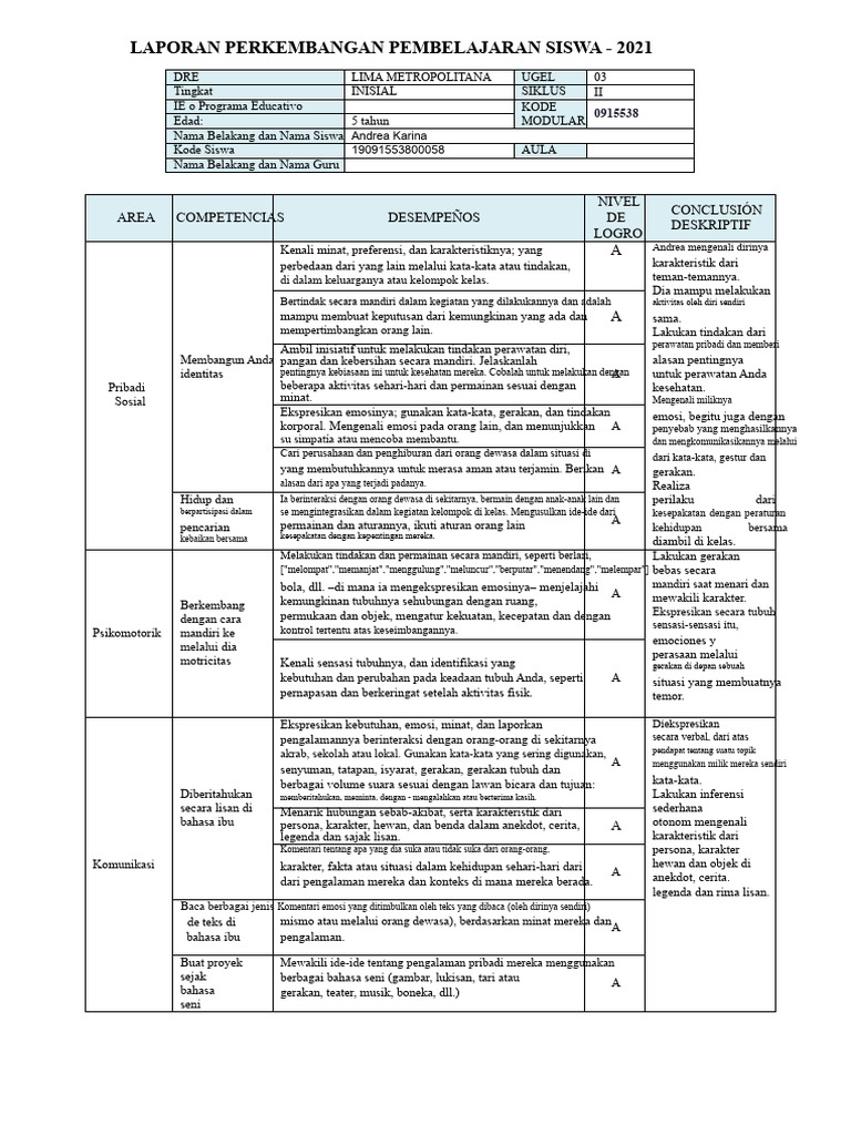 Model Laporan Kemajuan Anak Usia 5 Tahun | PDF