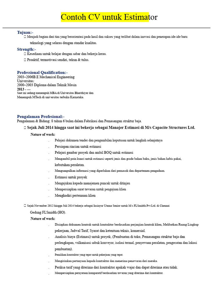 Contoh CV Estimator Profesional | PDF