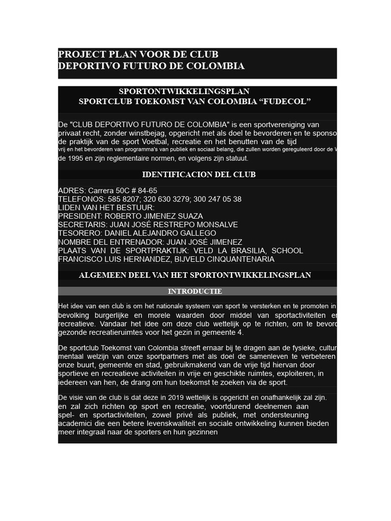 Project Ontwikkelplan Voor de Sportclub Toekomst Van Colombia 2019 | PDF