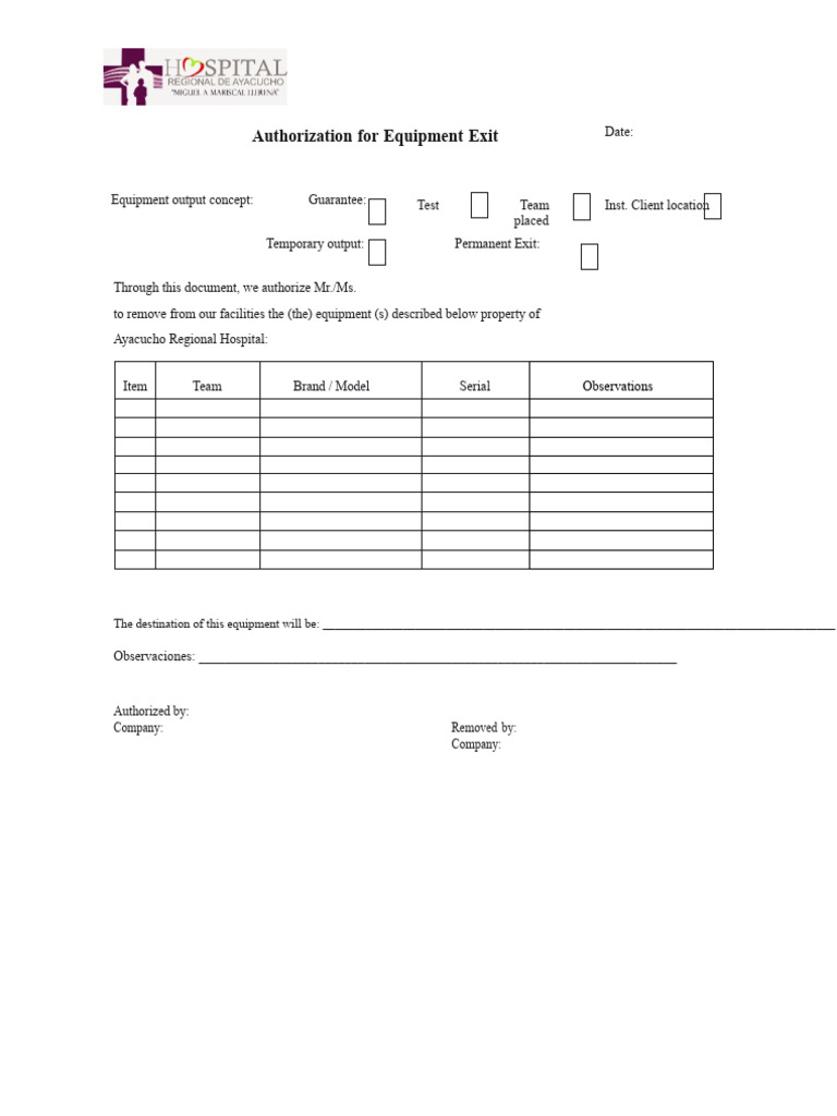 Authorization For Equipment Exit | PDF