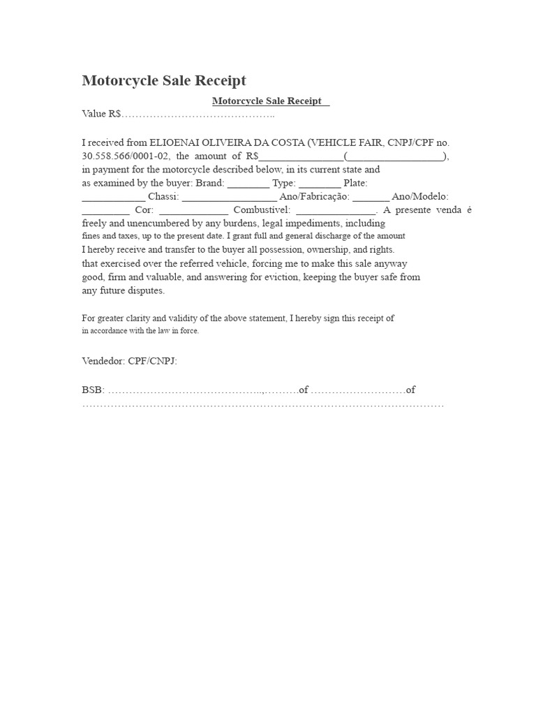 Motorcycle Sale Receipt | PDF