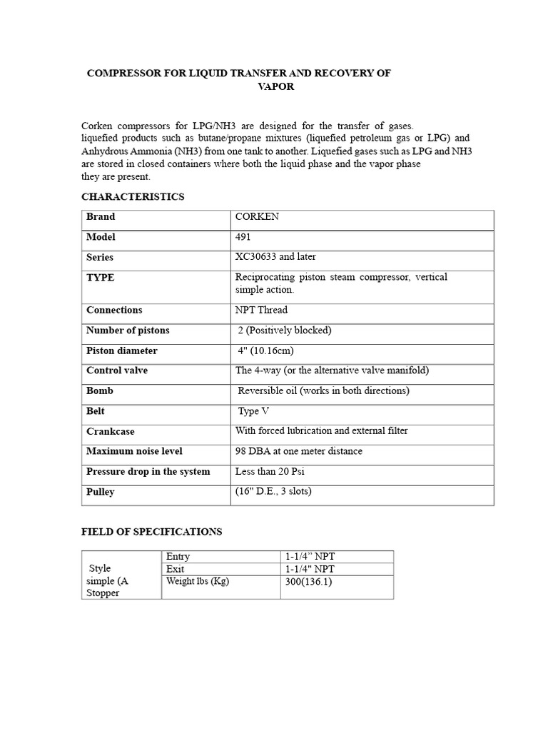 Corken LPG/NH3 Compressor Specifications | PDF | Piston | Liquefied ...