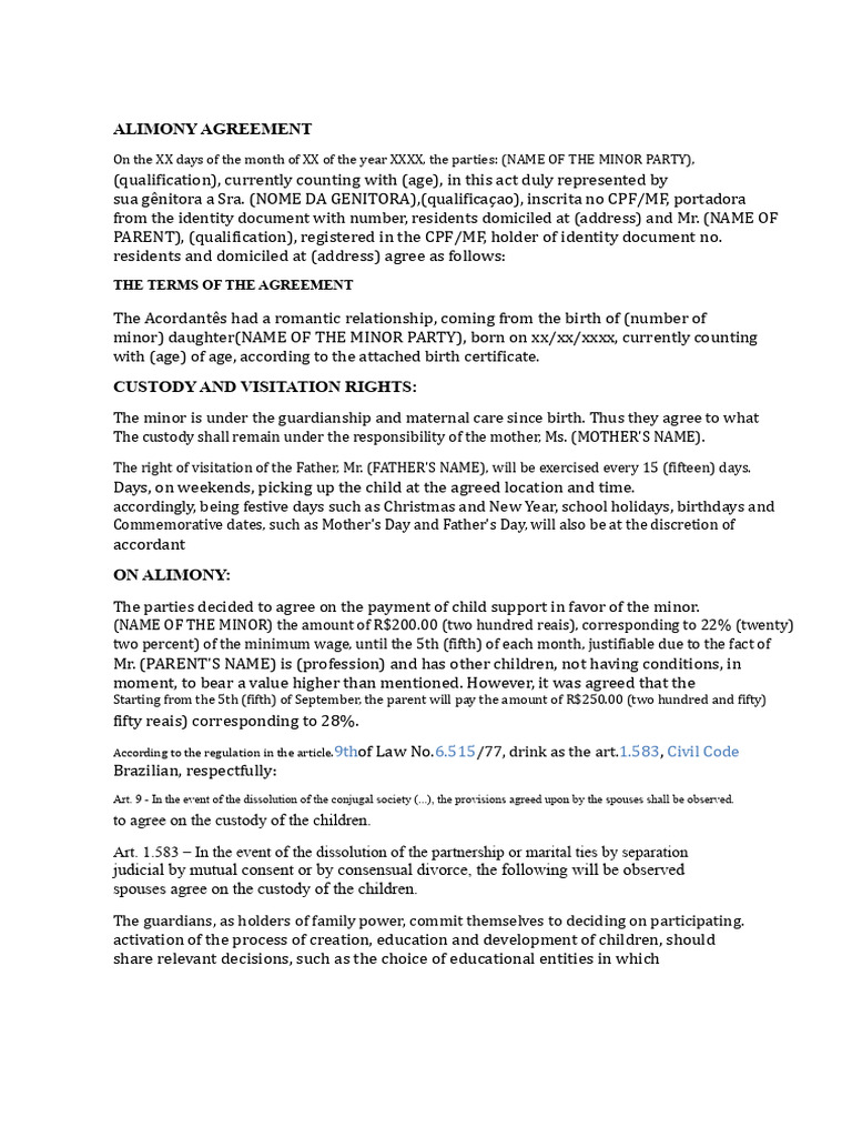 Alimony Agreement Template | PDF | Child Custody | Child Support