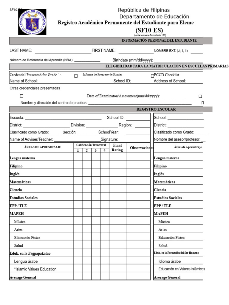 Formulario Escolar 10 SF10 Registro Académico Permanente Del Estudiante ...