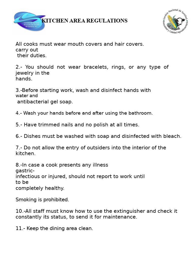 Kitchen and Dining Area Regulations | PDF
