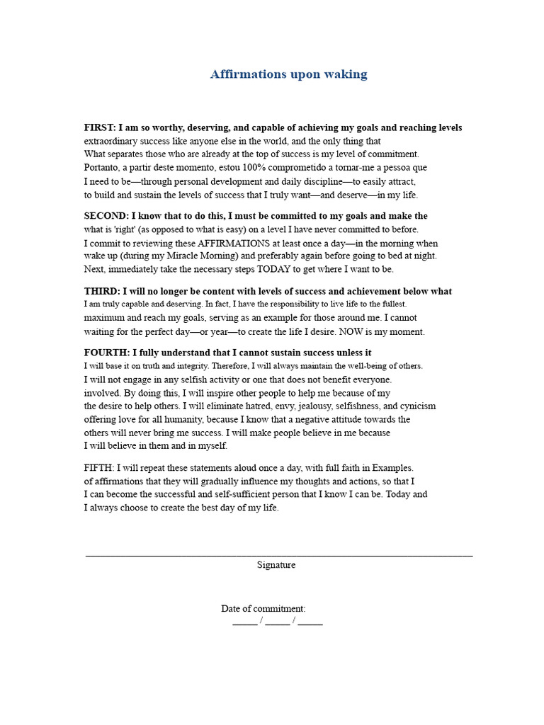 Affirmations Upon Waking - Miracle of The Morning | PDF