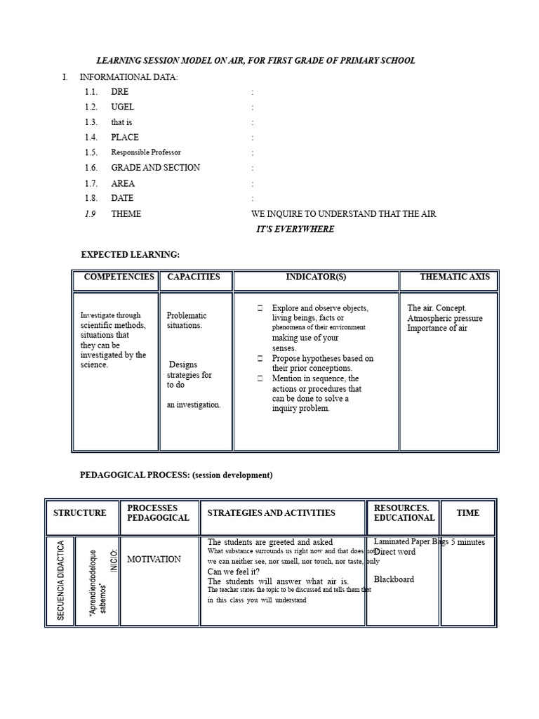 Session Model of Learning About Air For First Grade of Primary School ...