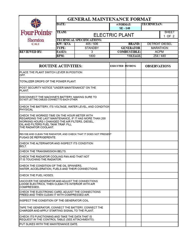 Electric Plant Maintenance Checklist | PDF | Diesel Engine | Battery ...