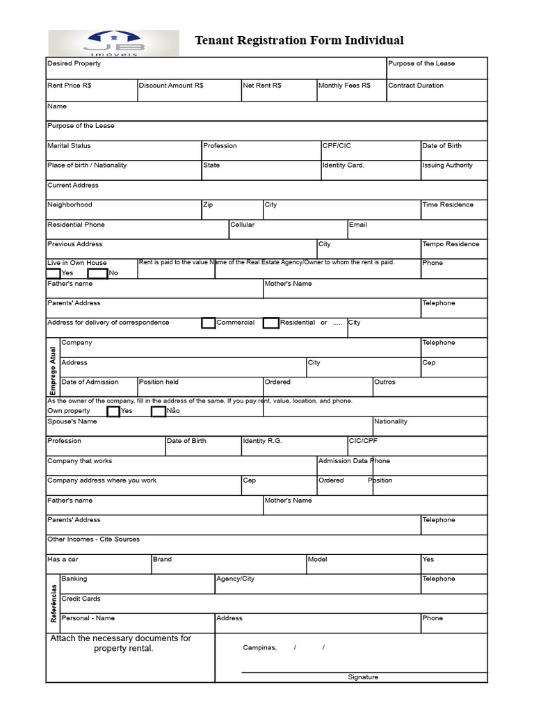 Registration Form For Rental - Individual | PDF | Renting | Lease