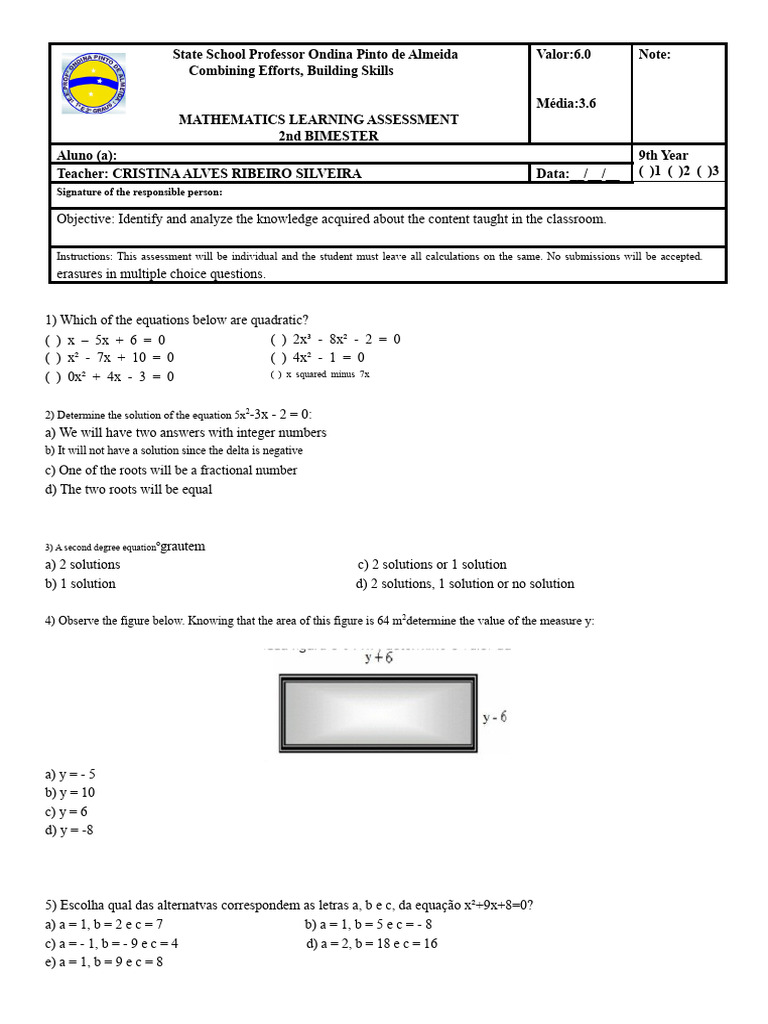 Assessment (Quadratic Equation) | PDF | Quadratic Equation | Mathematics