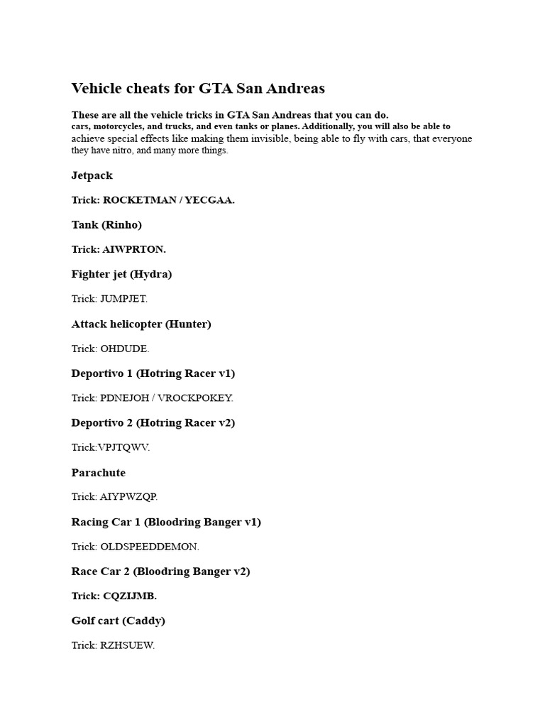 Vehicle Tricks For GTA San Andreas | PDF