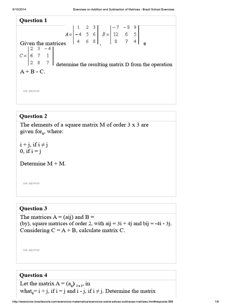 Exercises On Addition and Subtraction of Matrices - Exercises Brazil ...