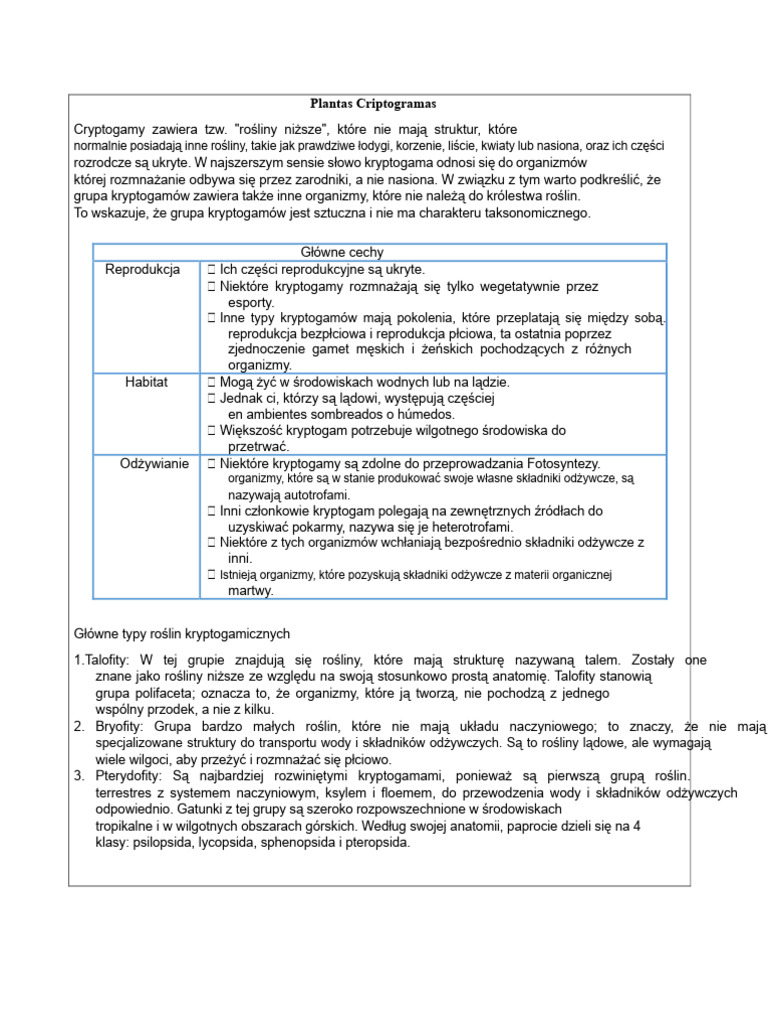 Cechy Kryptogamów I Fanerogamów | PDF