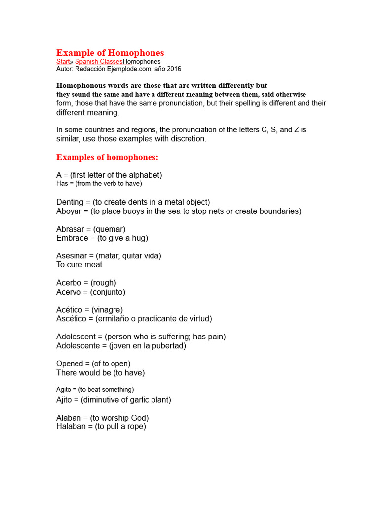 Example of Homophones | PDF