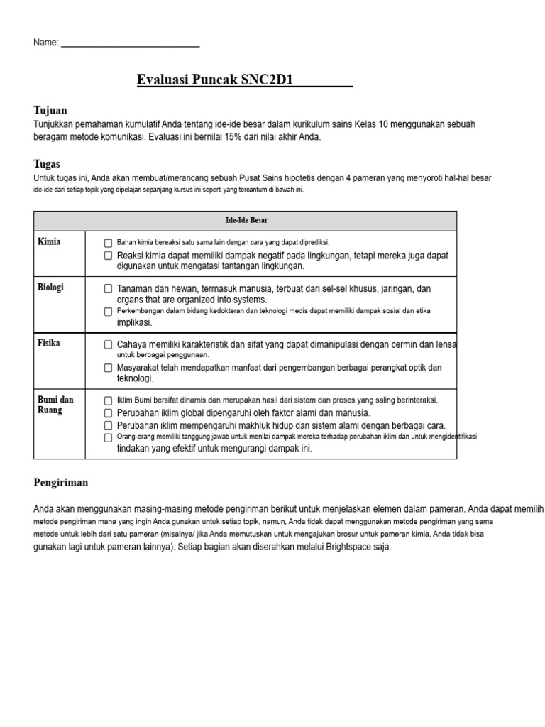 SNC2D Culminating - Pameran Pusat Sains | PDF