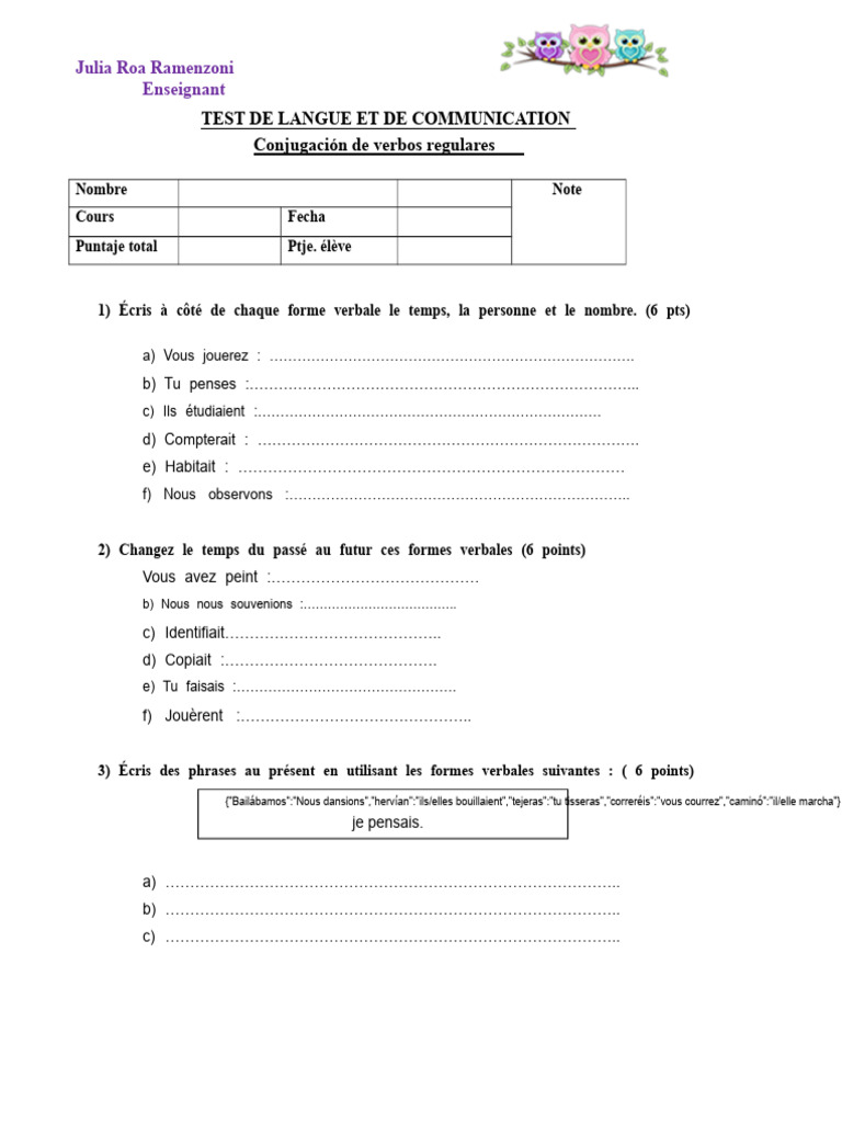 Test de conjugaison des verbes français | PDF | Verbe | Conjugaison