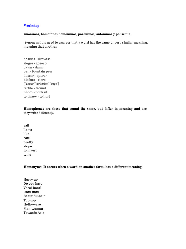 Synonyms, Antonyms, Paronyms, Homonyms, Homographs, Polysemy | PDF