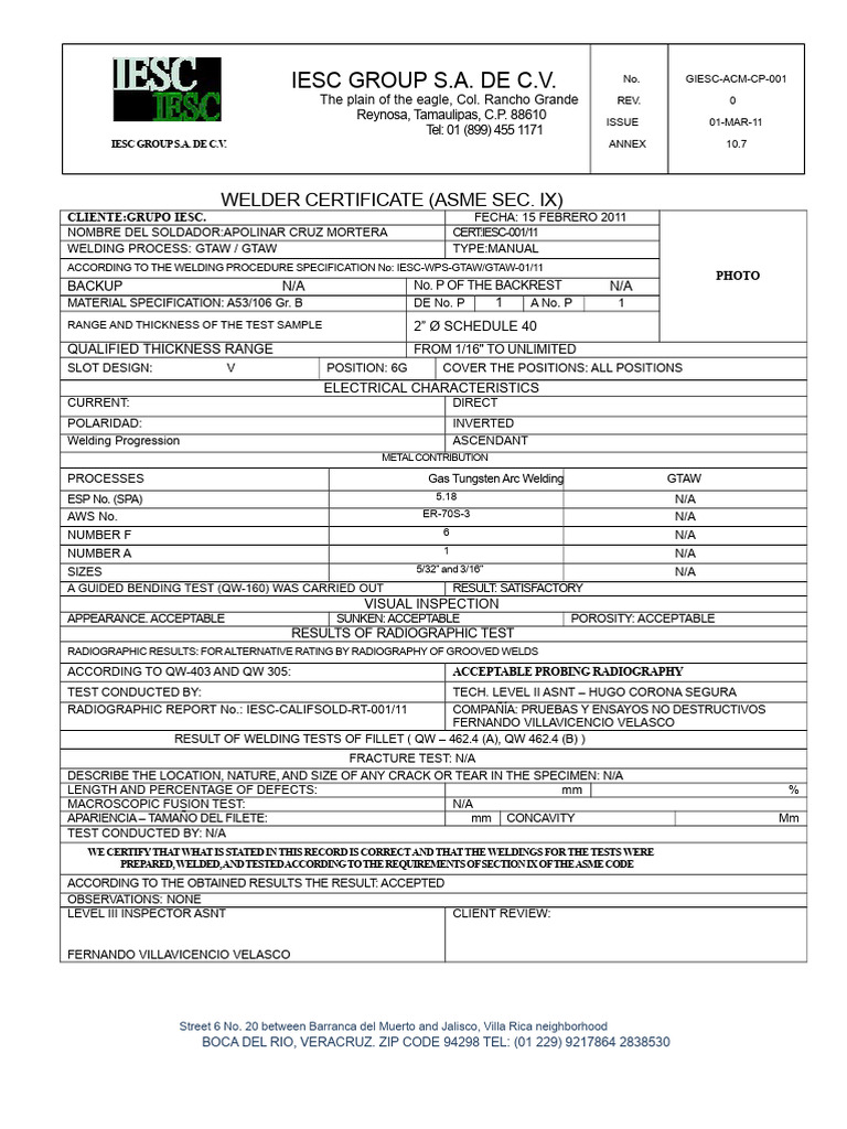 Welder Certificate (IESC) | PDF | Welding | Construction