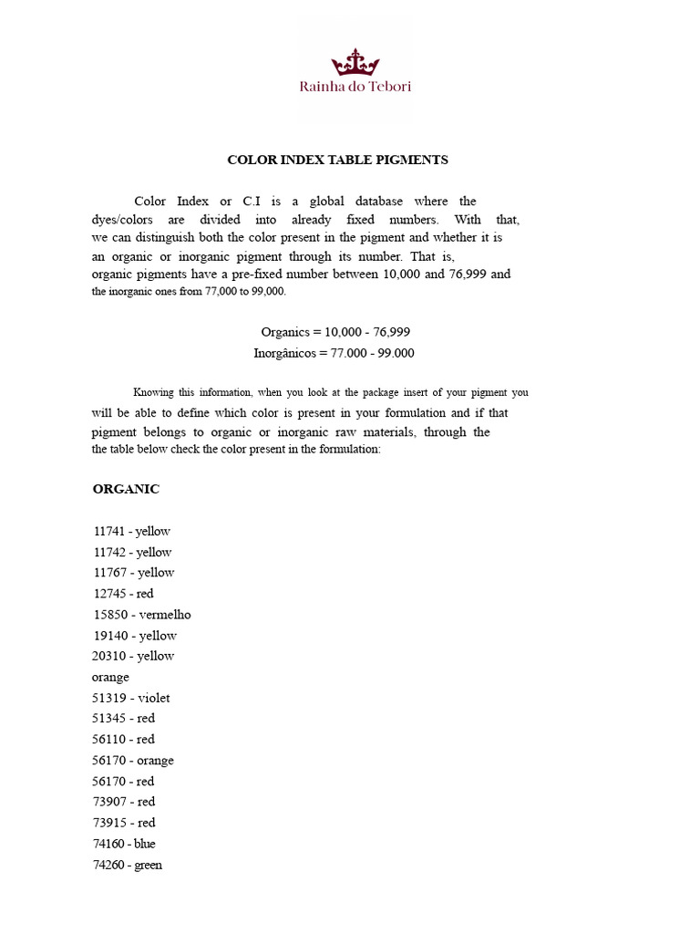 Color Index Table and Pigments | PDF | Pigment | Brown