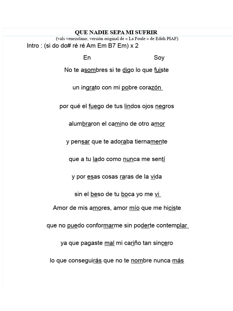 Que Nadie Sepa Mi Sufrir Letra | PDF