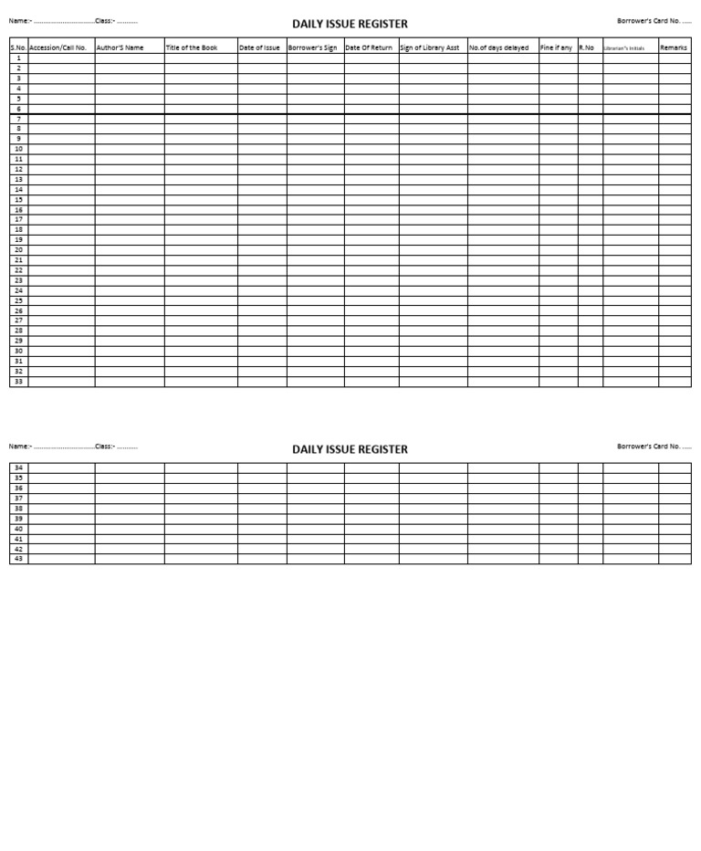 Daily Library Issue Register Template | PDF