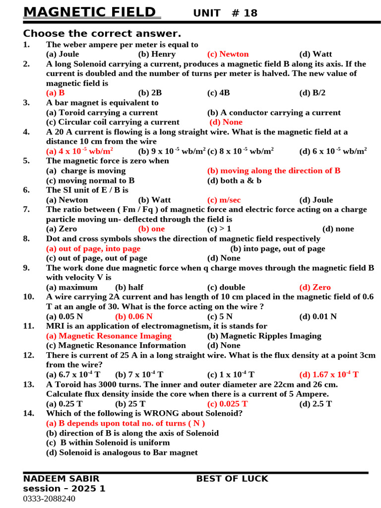 Class 12 Physics Magnetic Fields | PDF | Magnetic Field | Electric Current