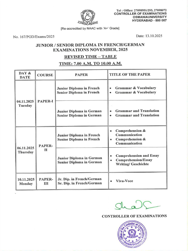 Revised Time Table of JuniorSenior Diploma in FrenchGerman Examinations ...