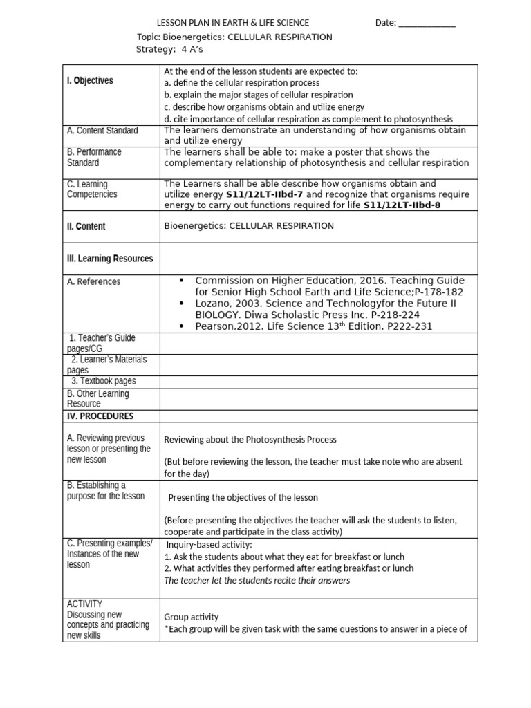 Lesson Plan in Cellular Respiration | PDF | Cellular Respiration ...
