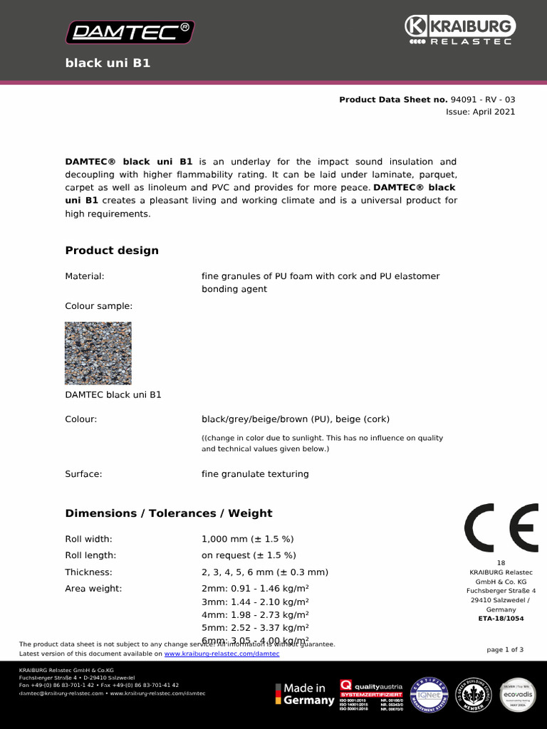 Data Sheet Damtec Black Uni b1 RV 03 2021 04 23 | PDF | Mechanical ...