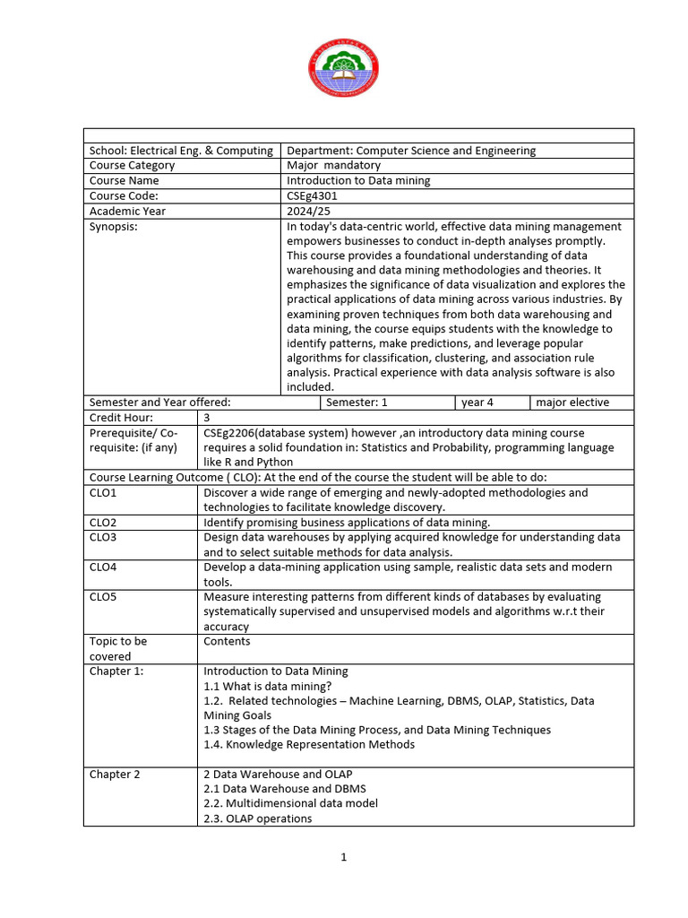 Data Mining Course Outline | PDF | Data Mining | Cluster Analysis