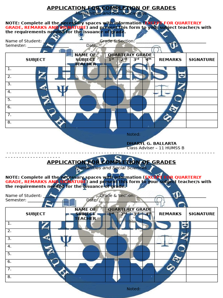 Application For Completion of Grades | PDF
