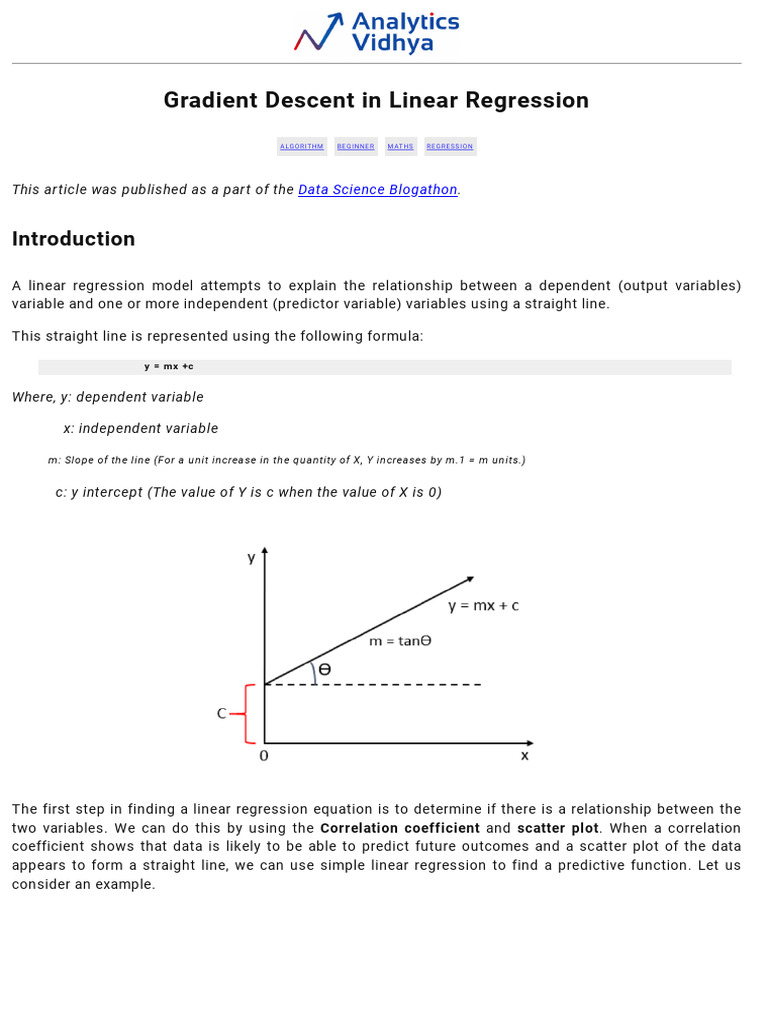 Gradient Descent in Linear Regression | PDF | Linear Regression ...