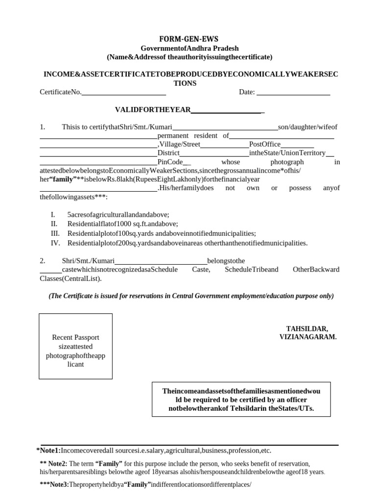 EWS Manual Certificate Proforma | PDF