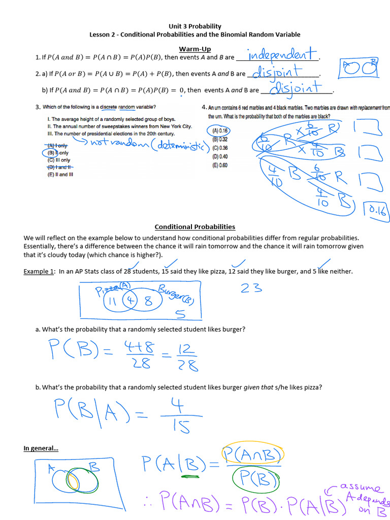 U3 L2 Conditional Probabilities and Binomial Distribution (Filled ...