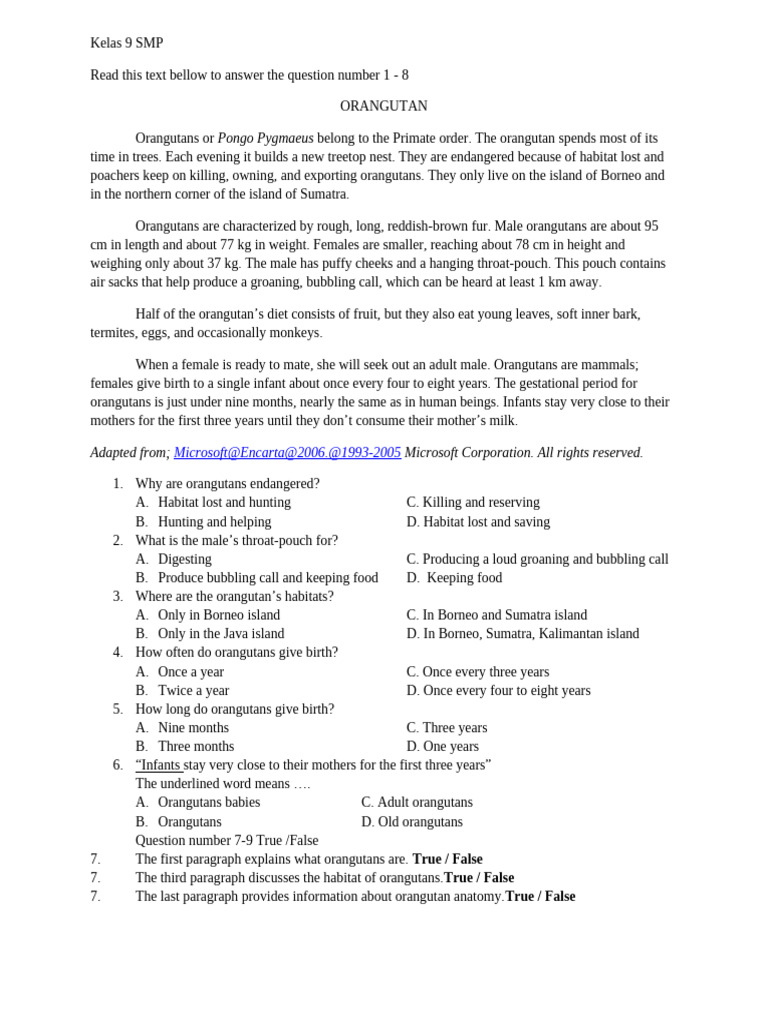 Latihan Soal Penilaian Akhir Semester Kelas 9 | PDF | Rhinoceros | Orangutan