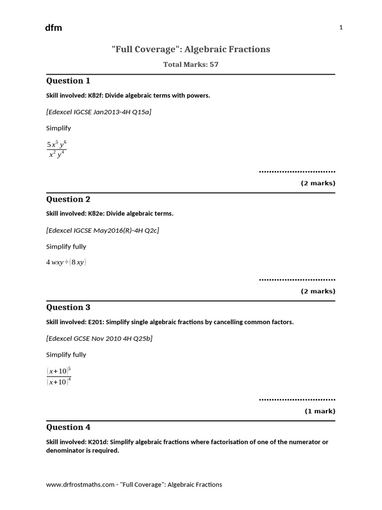 Algebraic Fractions Practice Questions | PDF | Factorization | Equations