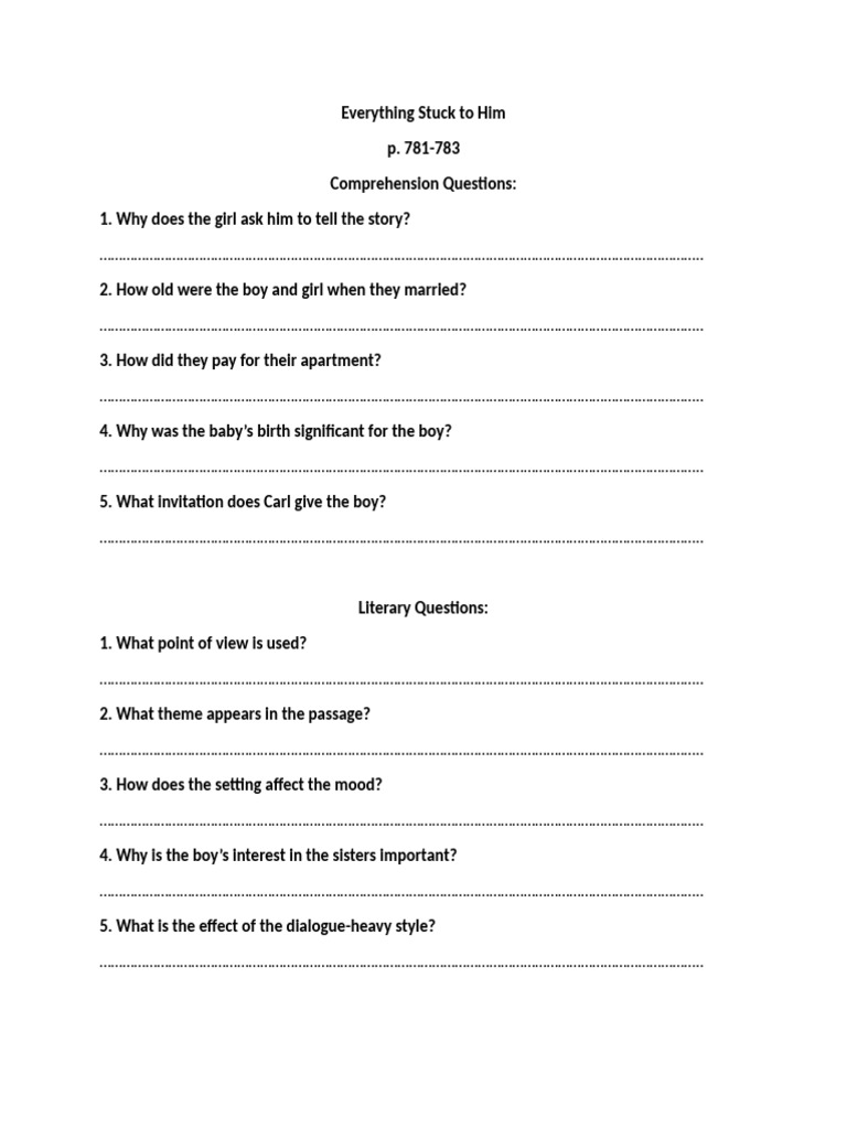 Comprehension & Literary Analysis of "Everything Stuck to Him" | PDF