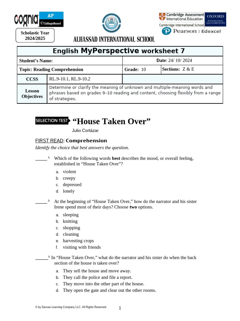 Grade 10 Reading Comprehension Test | PDF | Verb | Adjective