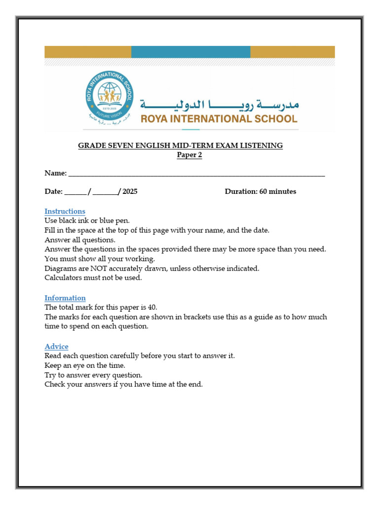 Grade 7 English Listening Exam Paper | PDF