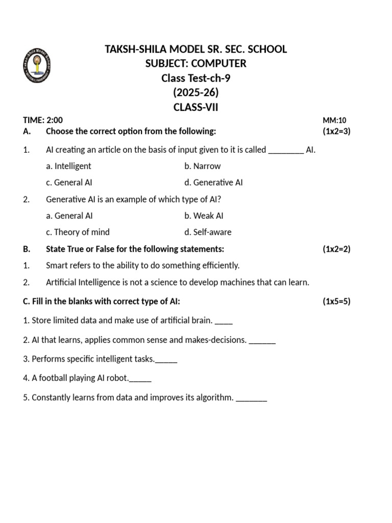 Class VII Computer Test on AI Concepts | PDF