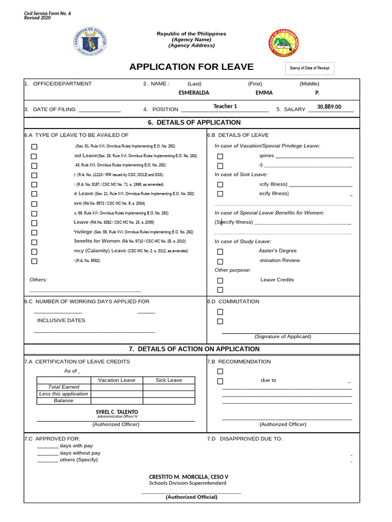 Orm No. 6 Revised 2020 Application For Leave Fillable 2 1 | PDF ...