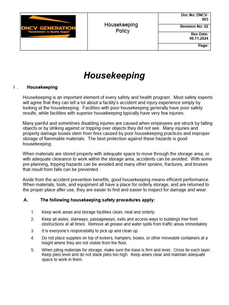 HouseKeeping Policy | PDF | Housekeeping