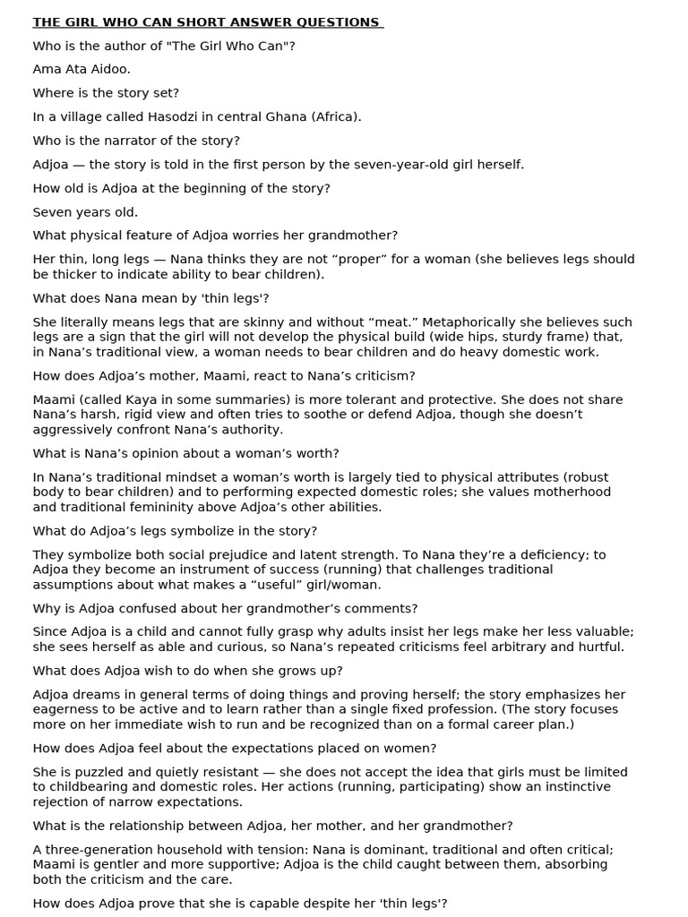 THE GIRL WHO CAN SHORT ANSWER QUESTIONS and Summary | PDF | Gender Role ...