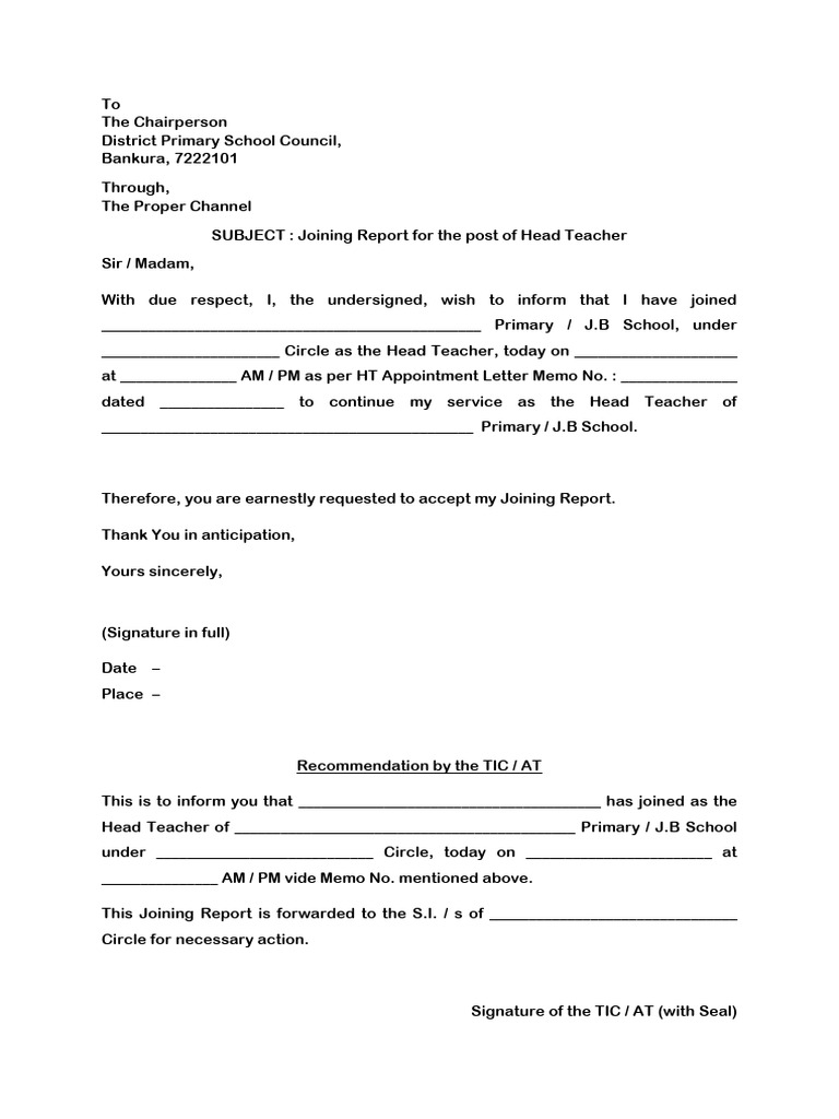 Head Teacher Joining Report Template | PDF