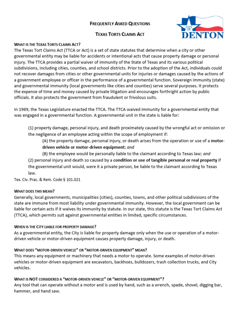 Texas Torts Claims Act PDF | PDF | Tort | Sovereign Immunity